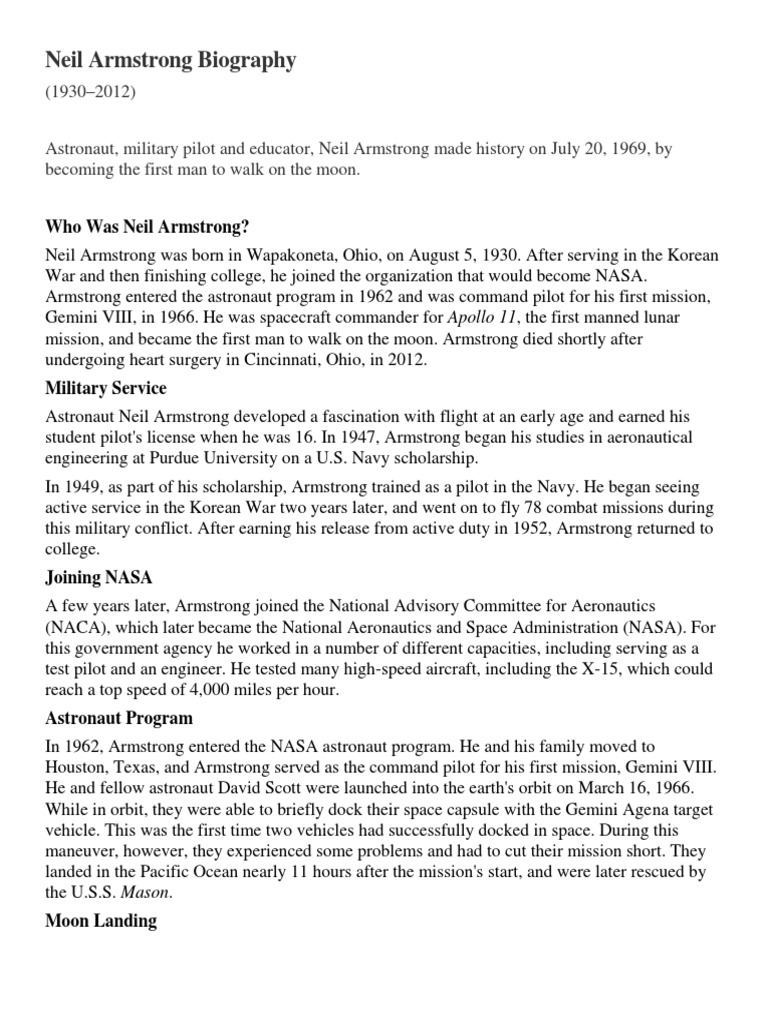 Neil Armstrong Biography | PDF | Neil Armstrong | Nasa