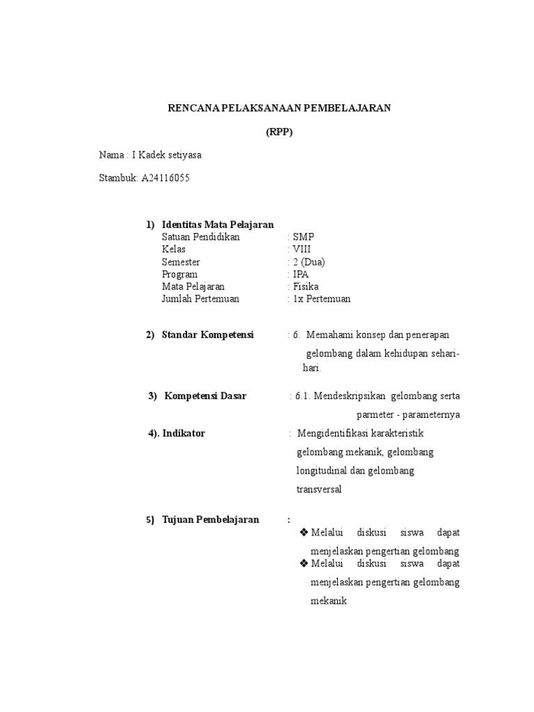 (FIX) RPP SMP Kelas VIII Materi Getaran Dan Gelombang | PDF