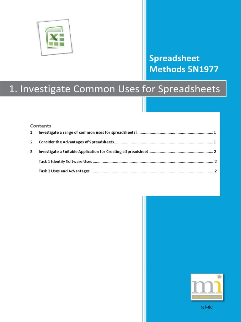 Investigate Common Uses For Spreadsheets: Spreadsheet Methods 5N1977 ...