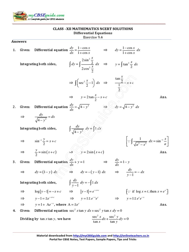 12 Mathematics Ncert Ch09 Differential Equations 9.4 Sol | PDF | Slope | Differential Calculus