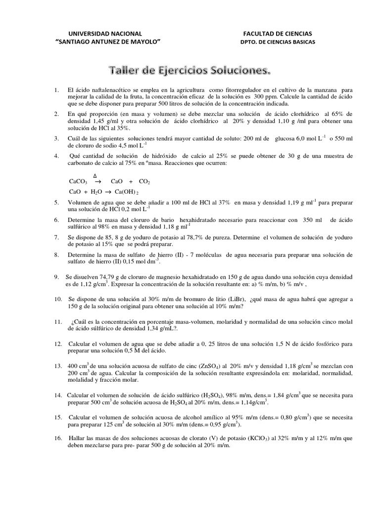Taller Soluciones | PDF | Concentración | Ácido clorhídrico