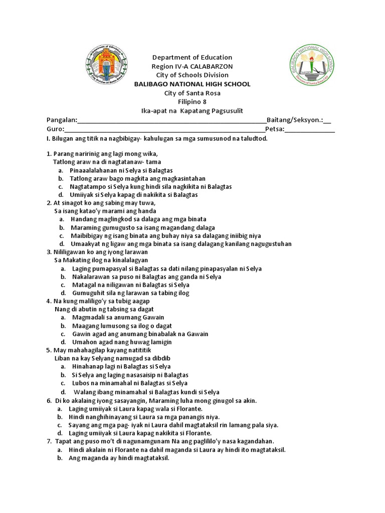 Ikaapat Na Markahamg Pagsusulit Sa - Filipino.8 | PDF