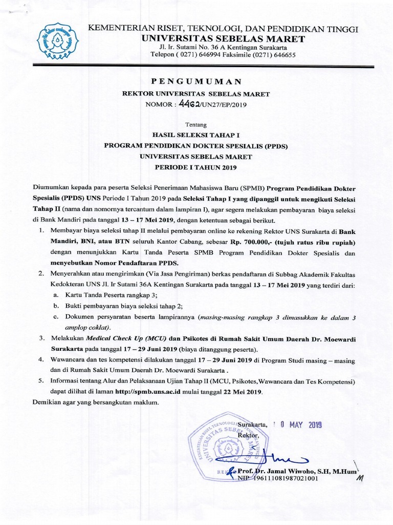 Pengumuman Rektor Tentang Hasil Seleksi Tahap 1 PPDS UNS Periode I ...