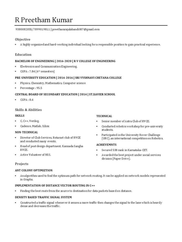 R Preetham Kumar: Objective | PDF