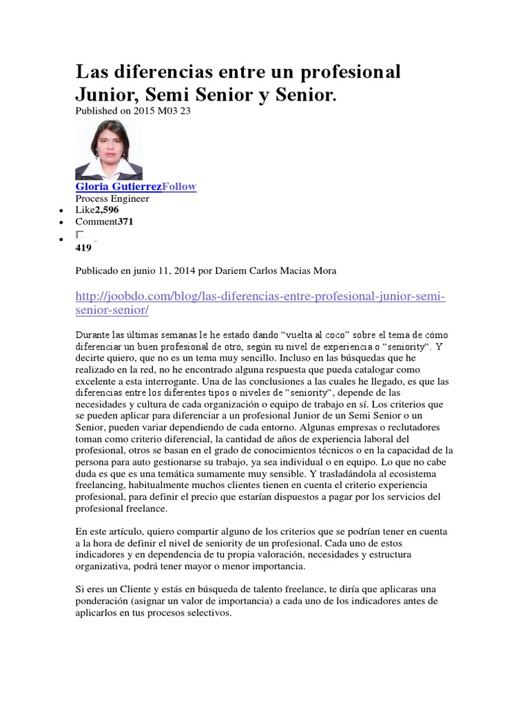 Las Diferencias Entre Un Profesional Junior, Semi Senior y Senior | PDF ...