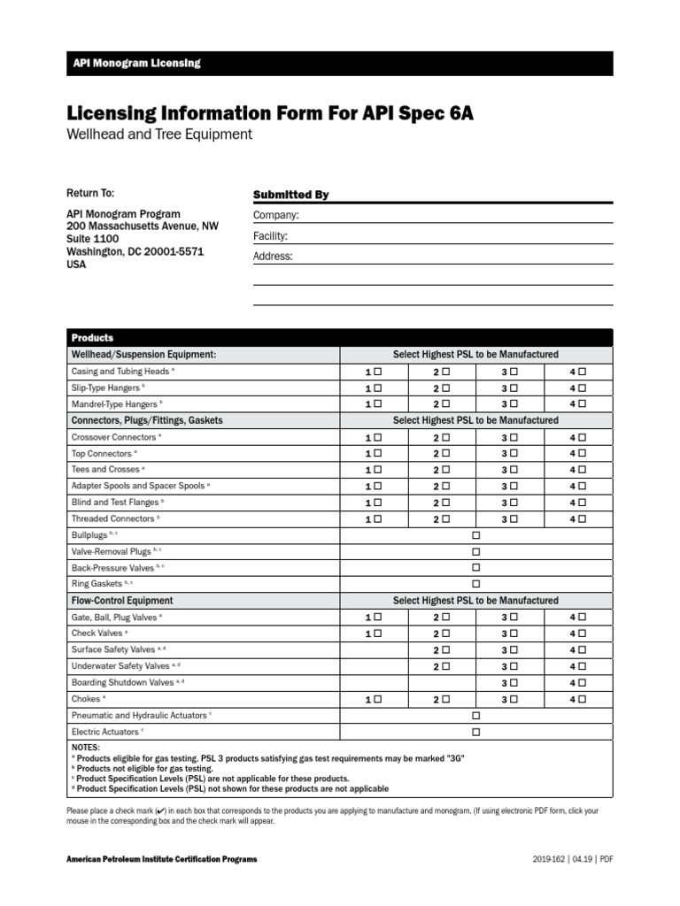API 6A Licensing Information Form 20190510 | Valve | Electrical Connector