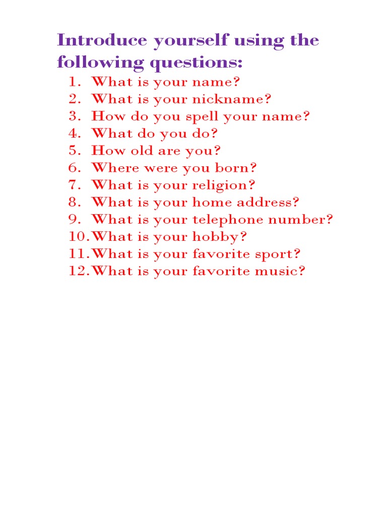 Personal Introduction Questionnaire | PDF | Language Arts & Discipline ...