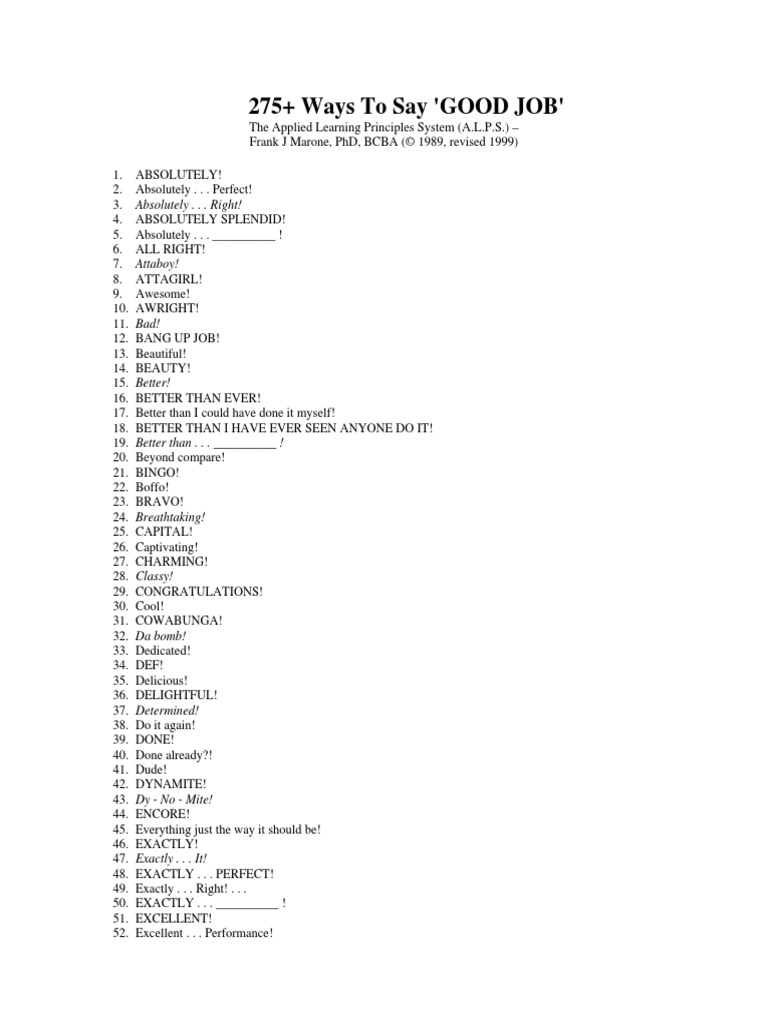 275 Ways To Say Good Job | PDF