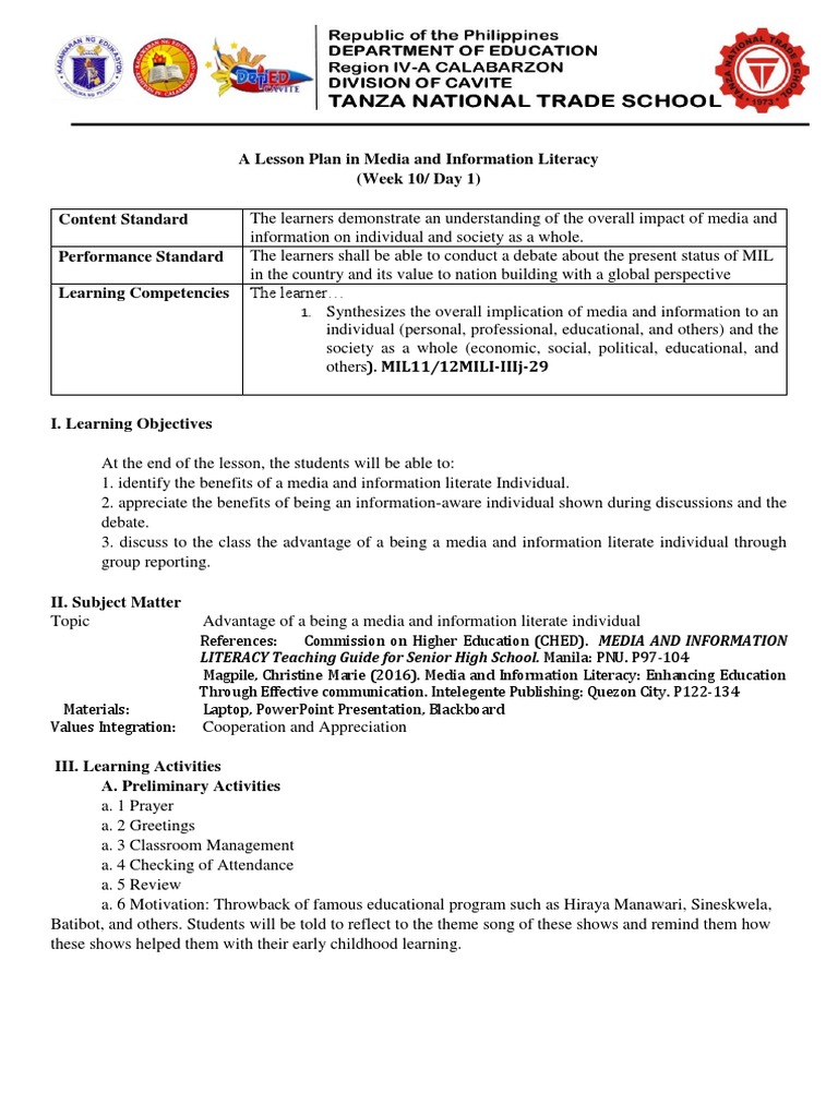 A Lesson Plan in Media and Information Literacy (Week 10/ Day 1 ...