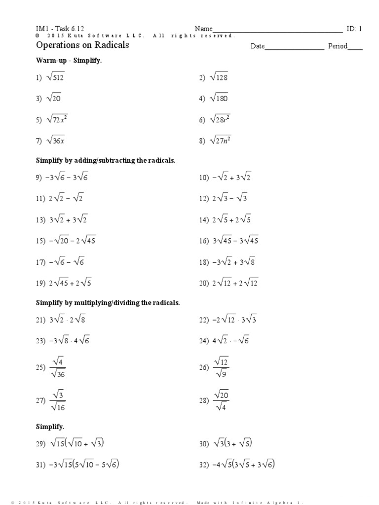 Operations on Radicals Worksheet | PDF | Teaching Methods & Materials