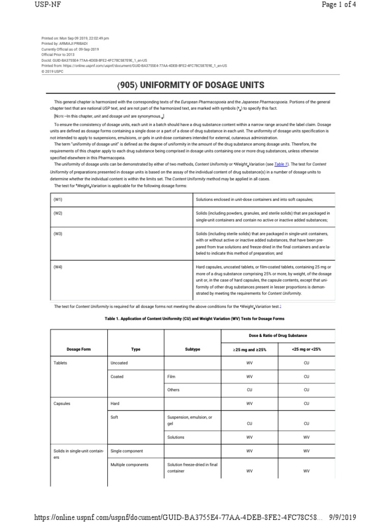 Uniformity Dosage Unit USP | Download Free PDF | Dose (Biochemistry ...