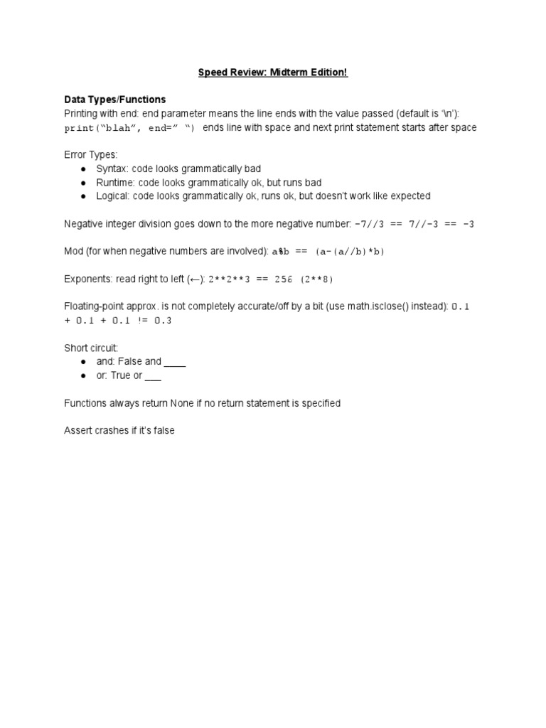 Midterm Review: Data Types, Functions, Loops & More | PDF | Control Flow | Data Type