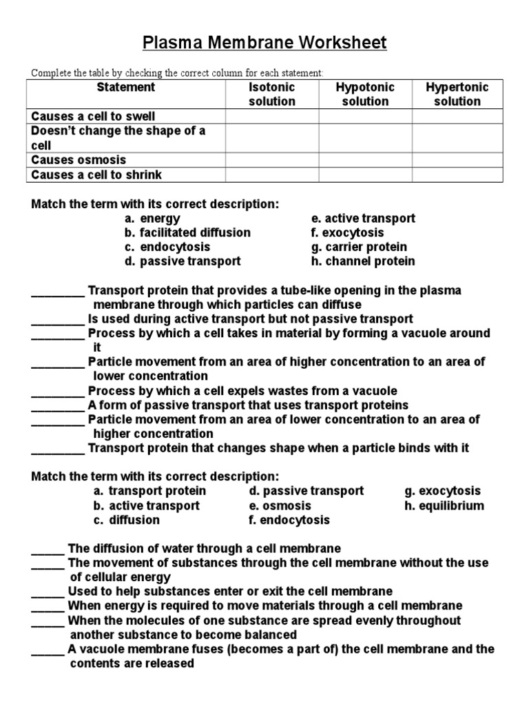 Plasma Membrane Worksheet: Complete The Table by Checking The Correct ...