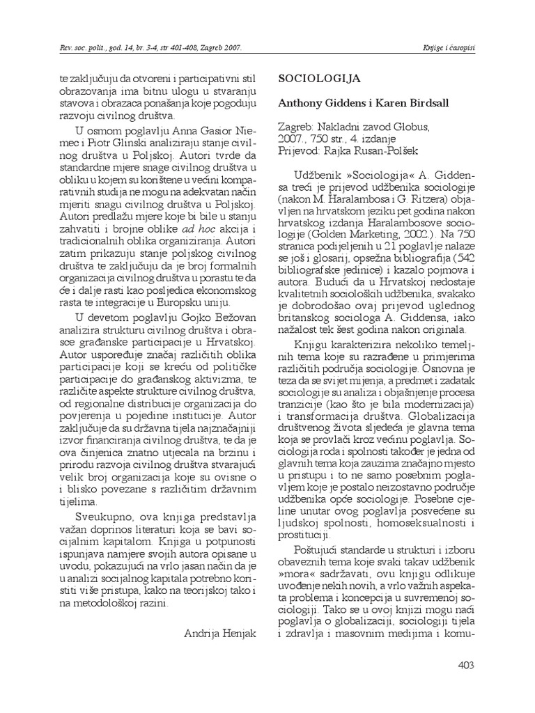 Anthony Giddens I Karen Birdsall Sociolo PDF | PDF