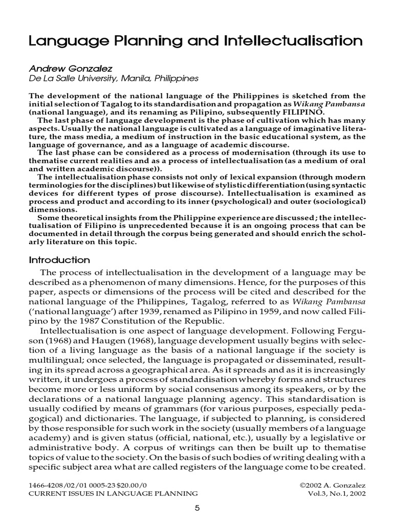 Language Planning and Intellectualisation of A. Gonzales 1 | PDF ...