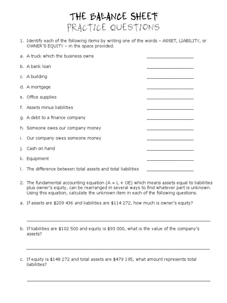 Balance Sheet Practice Questions | PDF | Balance Sheet | Equity (Finance)