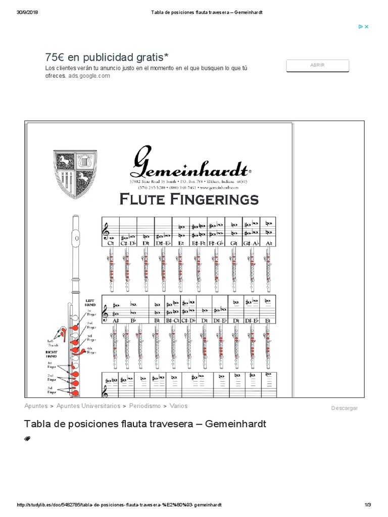 Tabla de Posiciones Flauta Travesera - Gemeinhardt PDF | PDF