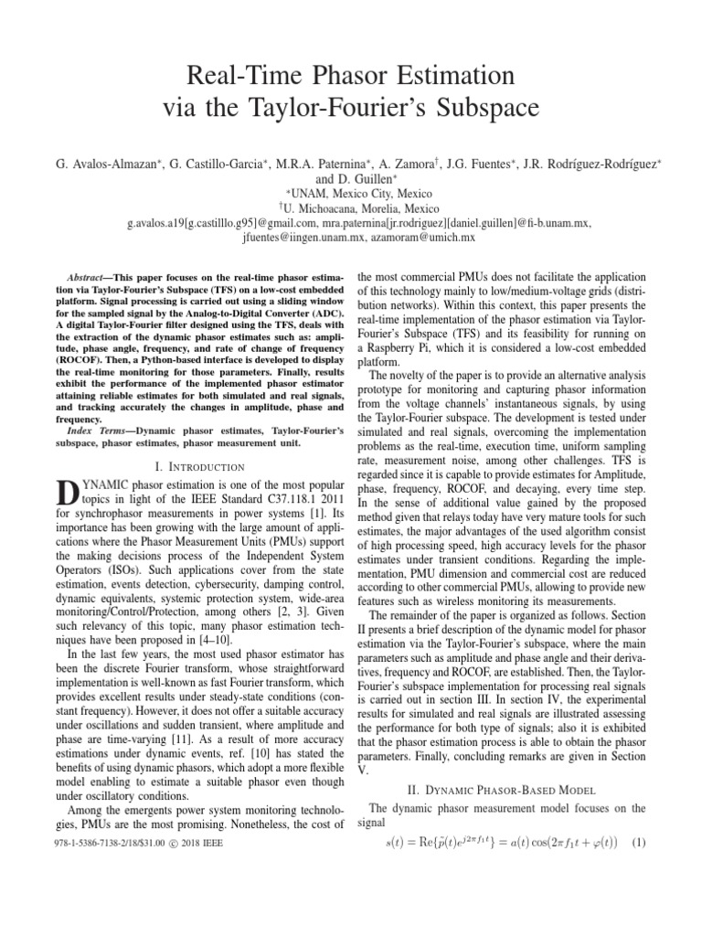 Real-Time Phasor Estimation via the Taylor-Fourier’s Subspace: An Implementation on a Low-Cost ...