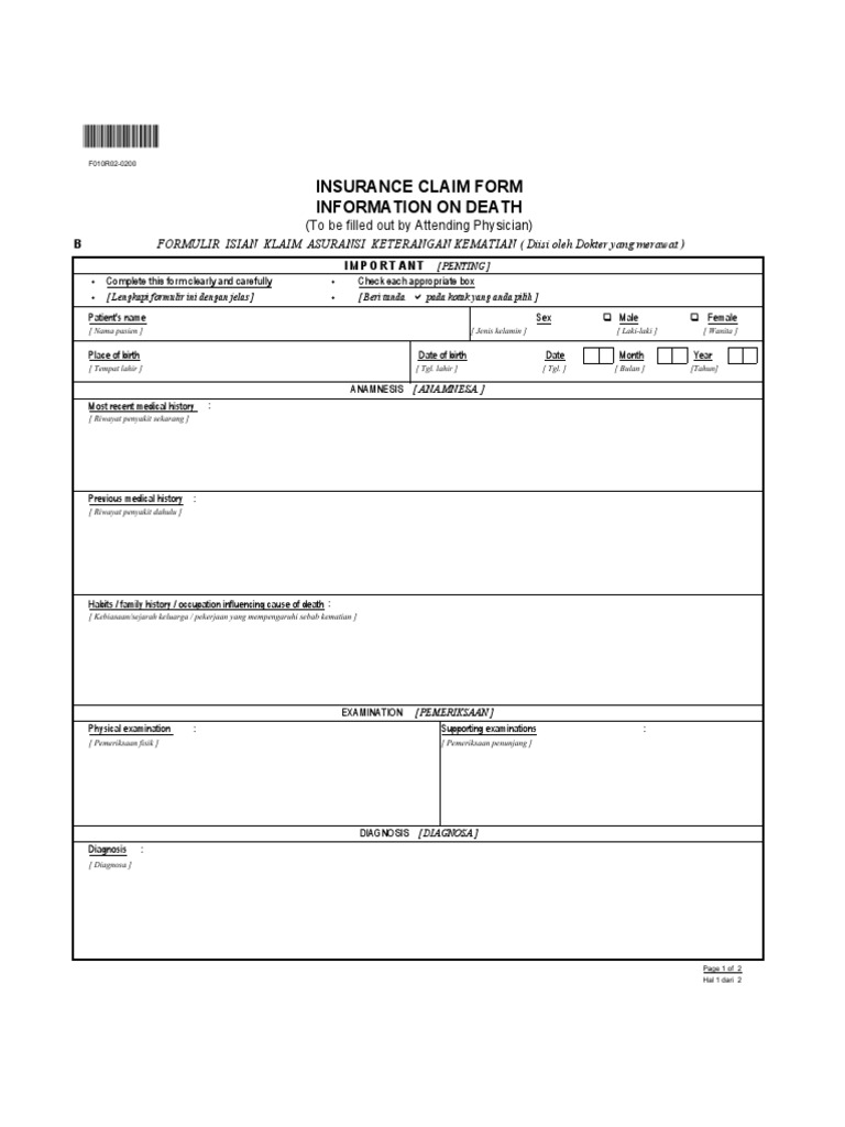 Insurance Claim Form Information On Death: (To Be Filled Out by ...