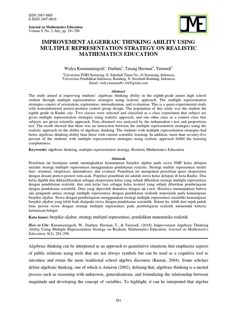 Improvement Algebraic Thinking Ability Using Multiple Representation Strategy On Realistic ...