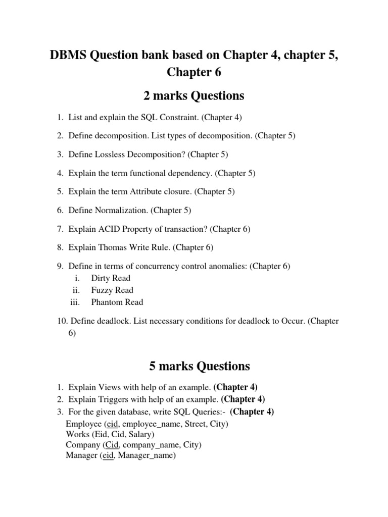 DBMS Question Bank Based On Chapter 4, Chapter 5, 2 Marks Questions | PDF | Synchronization ...