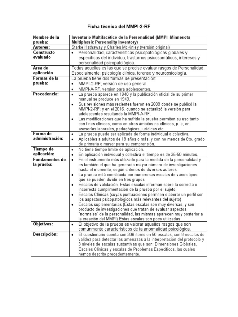 Ficha Técnica Del MMPI-2-RF | PDF | Validez (Estadísticas) | Sicología