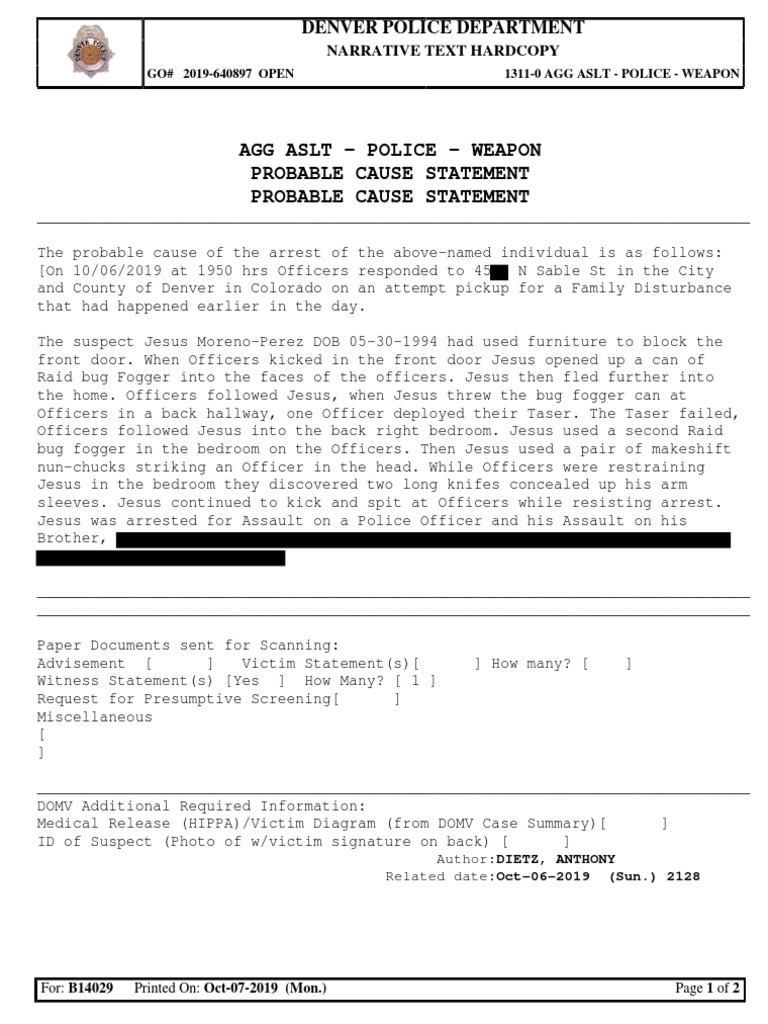 Jesus (Jose) Moreno-Perez Probable Cause Statement | PDF | Crime ...