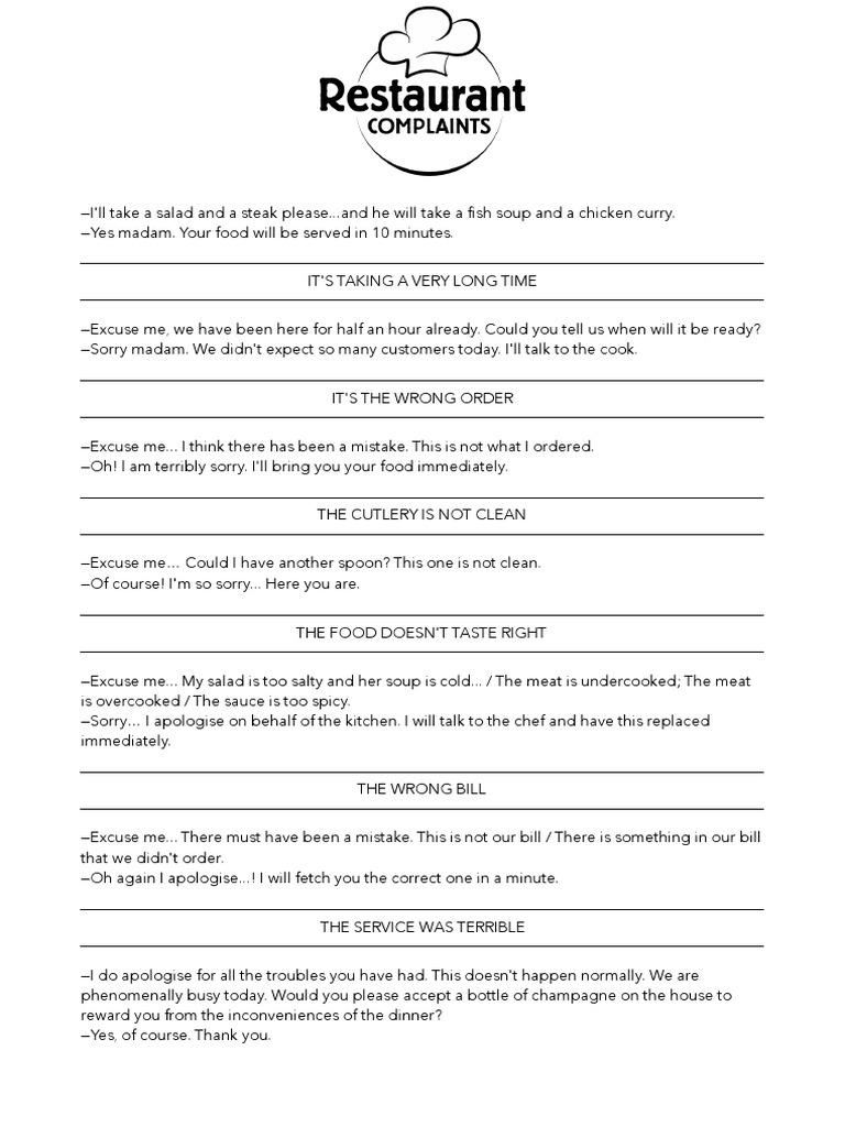 Restaurant Customer Complaints Handling | PDF