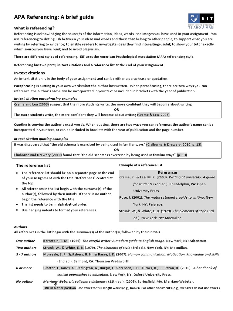 APA Referencing Brief Guide | PDF | Citation | Books