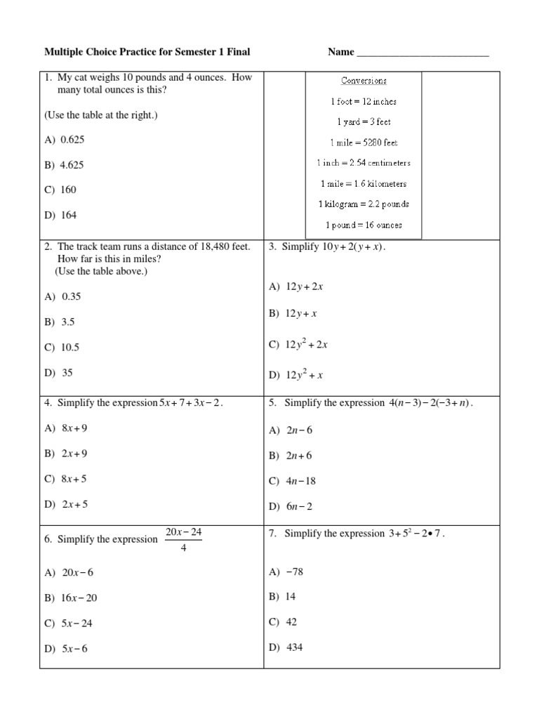 Multiple Choice Practice for Semester 1 Final Exam: Review of Key ...