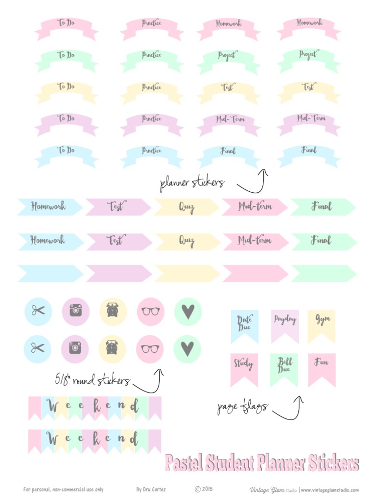Pastel Student Planner Academic Stickers VintageGlamStudio | PDF