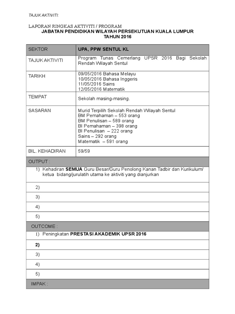 Format Laporan Ringkas Aktiviti Dan Program JPWPKL 2016 | PDF