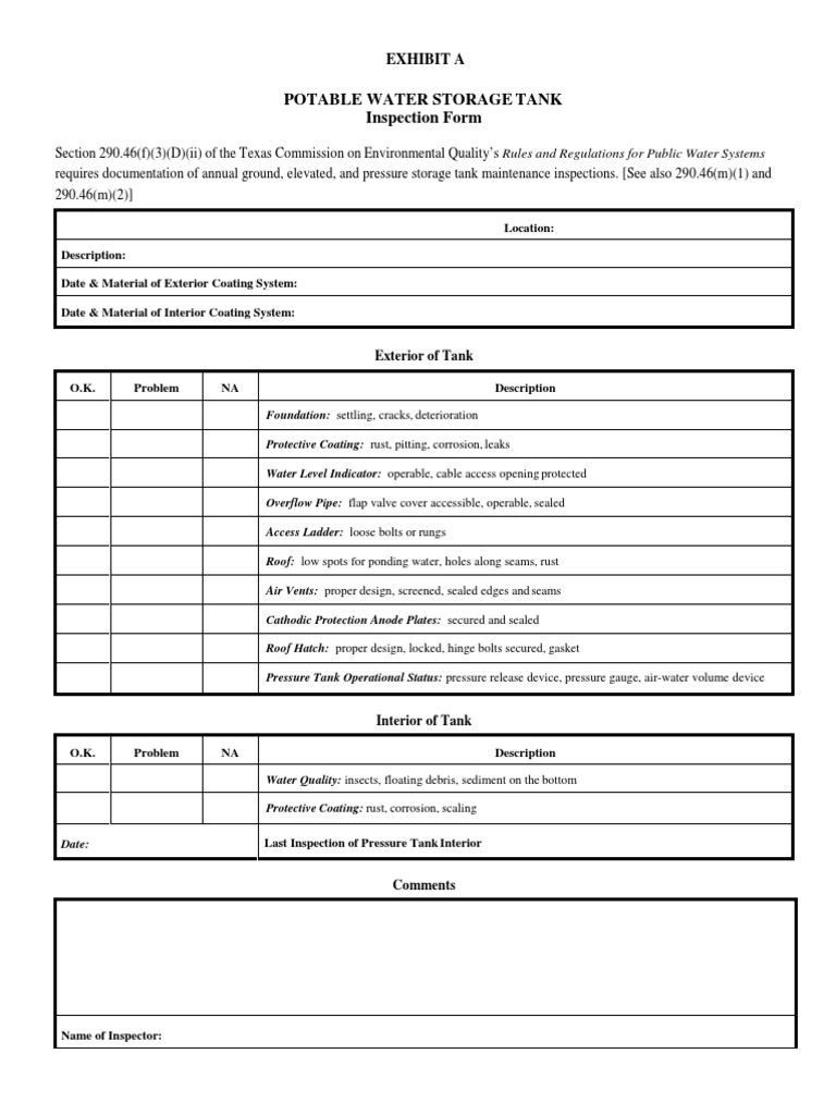 Potable Water Tank Inspection Checklist | PDF