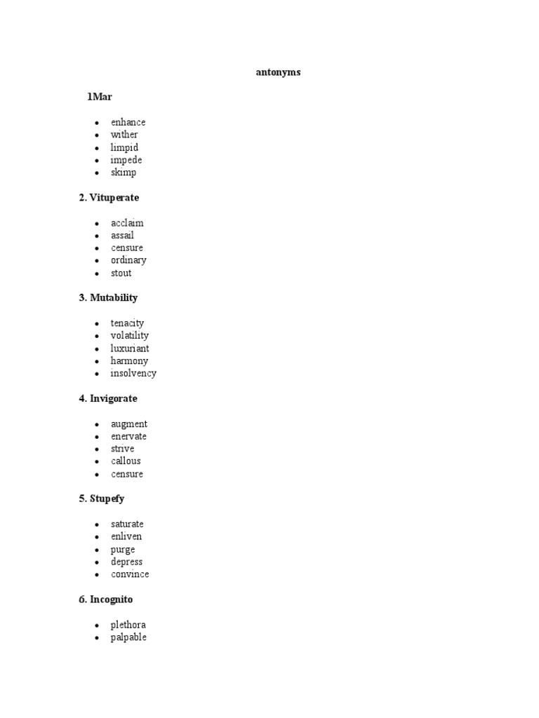 Antonyms List for Vocabulary Enhancement | PDF