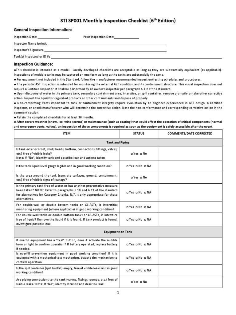 STI SP001 Monthly Inspection Checklist (6 Edition) | PDF | Leak | Nature