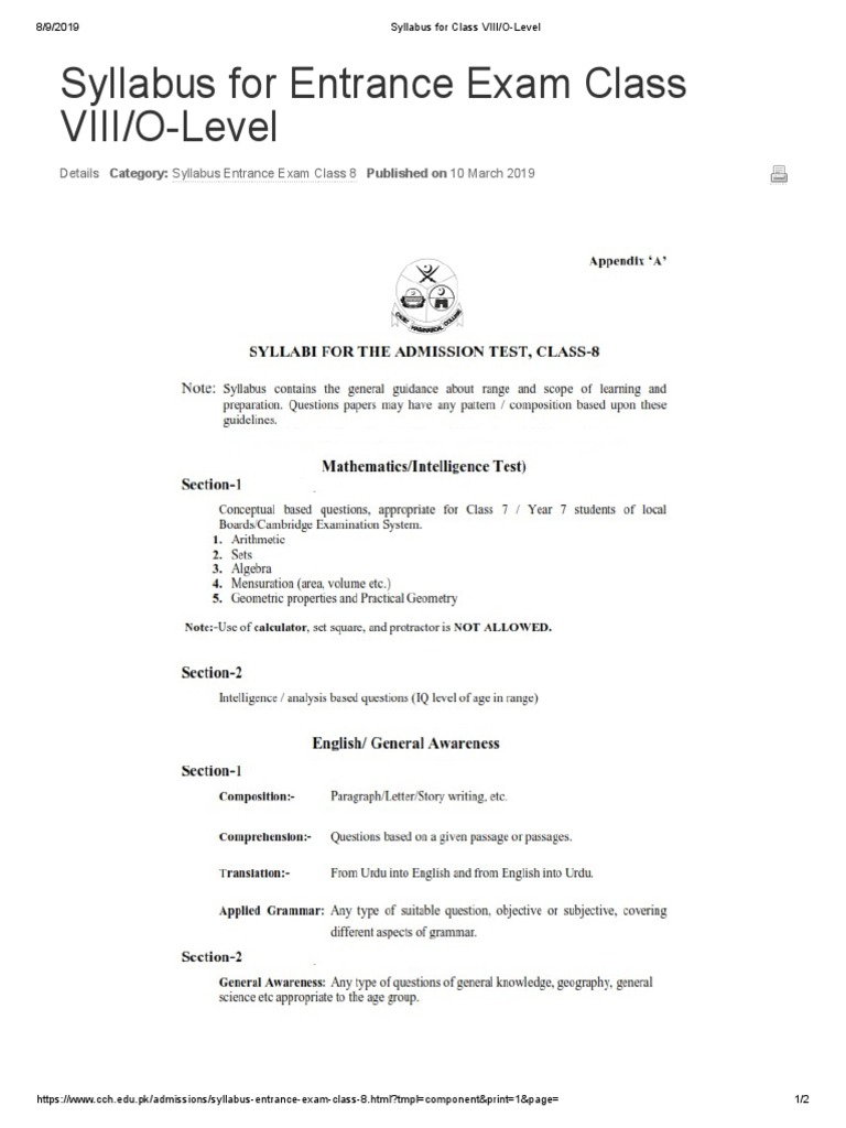 Class 8 Entrance Exam Guide | PDF