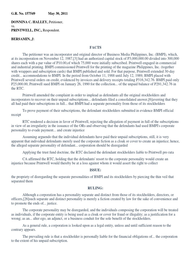 Halley v. Printwell G.R. No. 157549 CASE DIGEST | PDF | Corporations ...