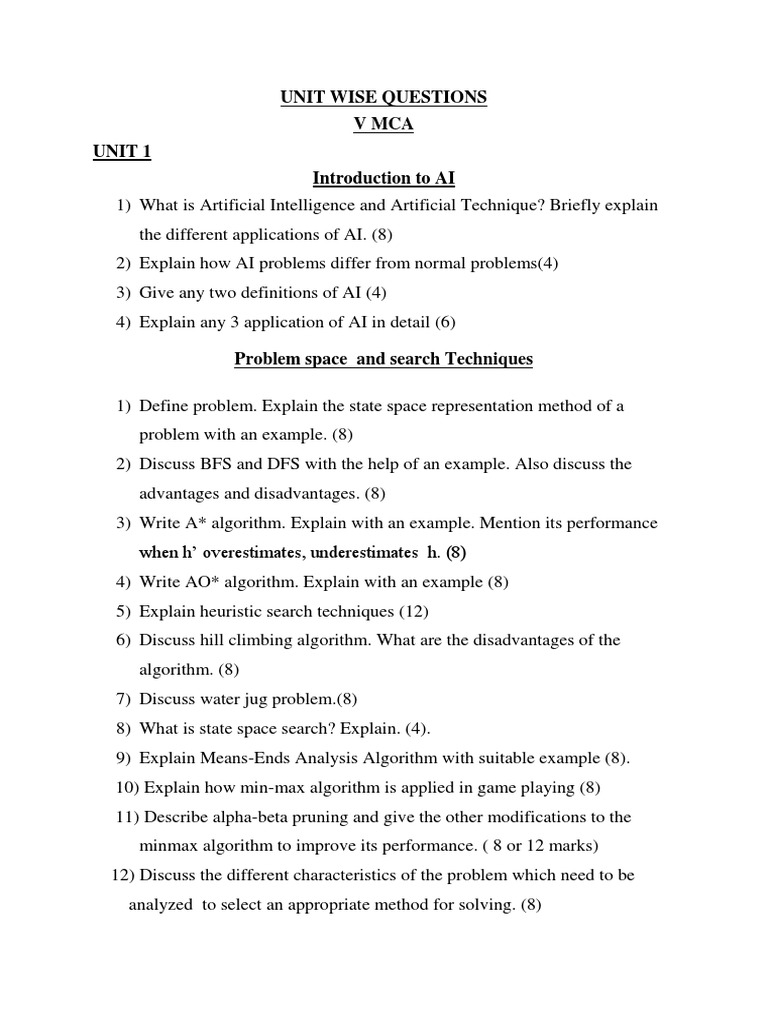 Unit Wise Questions V Mca Unit 1 Introduction To AI | PDF