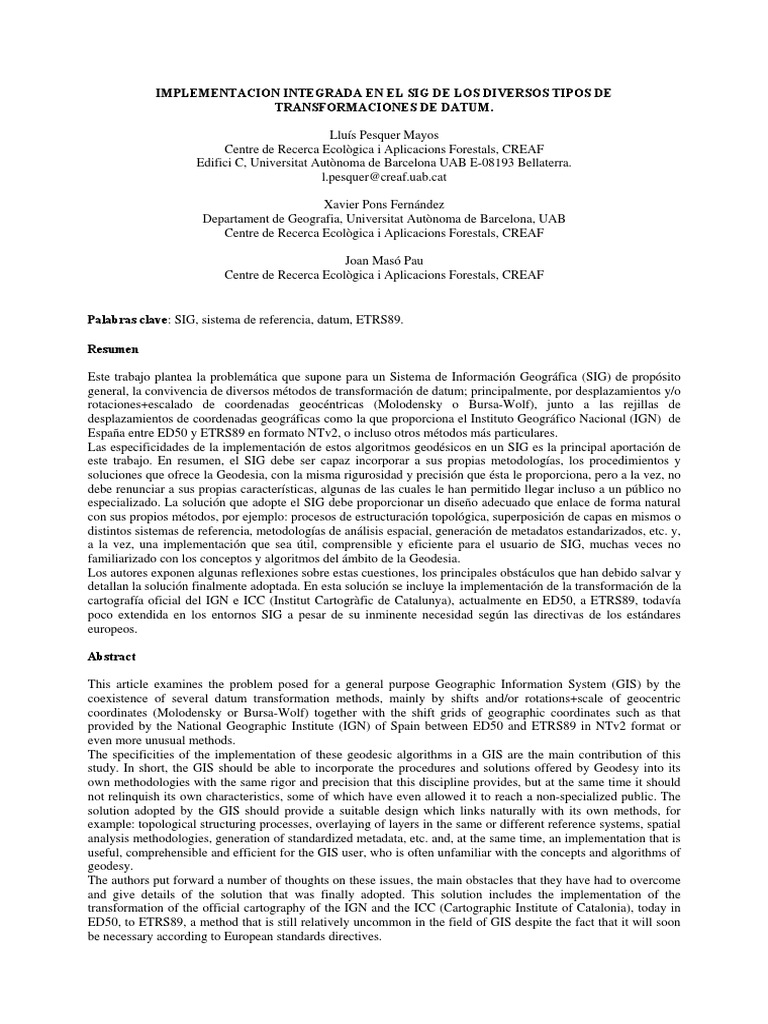Transformaciones Datum PDF | PDF | Sistema de información geográfica | Tabla (base de datos)