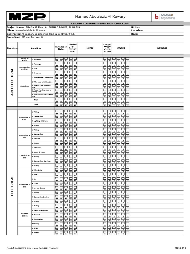 Hamad Abdulaziz Al Kawary: Ceiling Closure Inspection Checklist | PDF ...