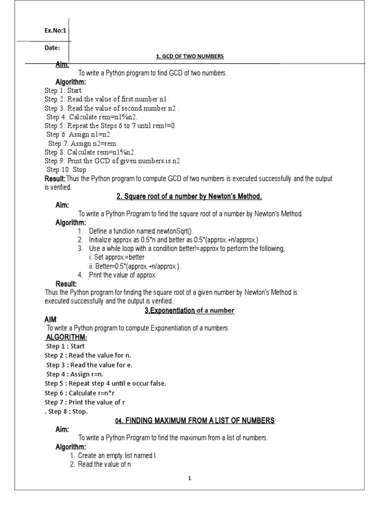Ex - No:1 Date:: 1. GCD of Two Numbers | PDF | Parameter (Computer Programming) | Discrete ...