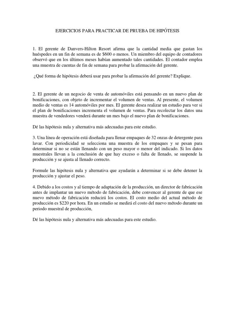Ejercicios para Practicar de Prueba de Hipótesis | PDF