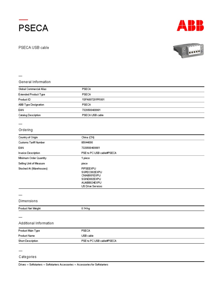 1SFA897201R1001 Pseca Usb Cable | PDF
