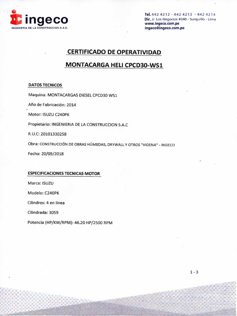 Certificado Montacarga Heli Cpcd30-Ws1 | PDF | Vehículo de motor ...