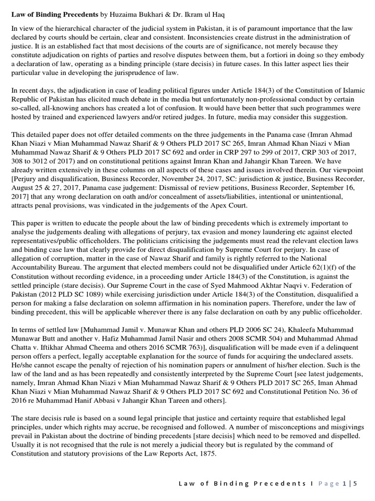 Law of Binding Precedents by Huzaima Bukhari | PDF | Precedent ...