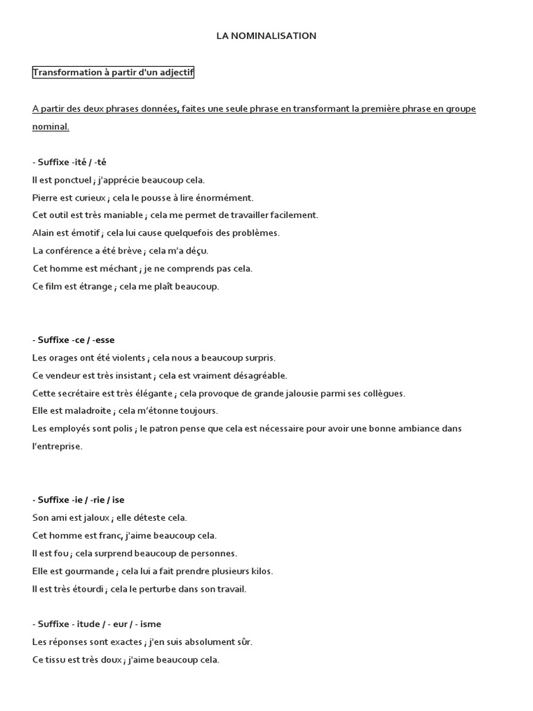 La Nominalisation - Exercices FLE | PDF
