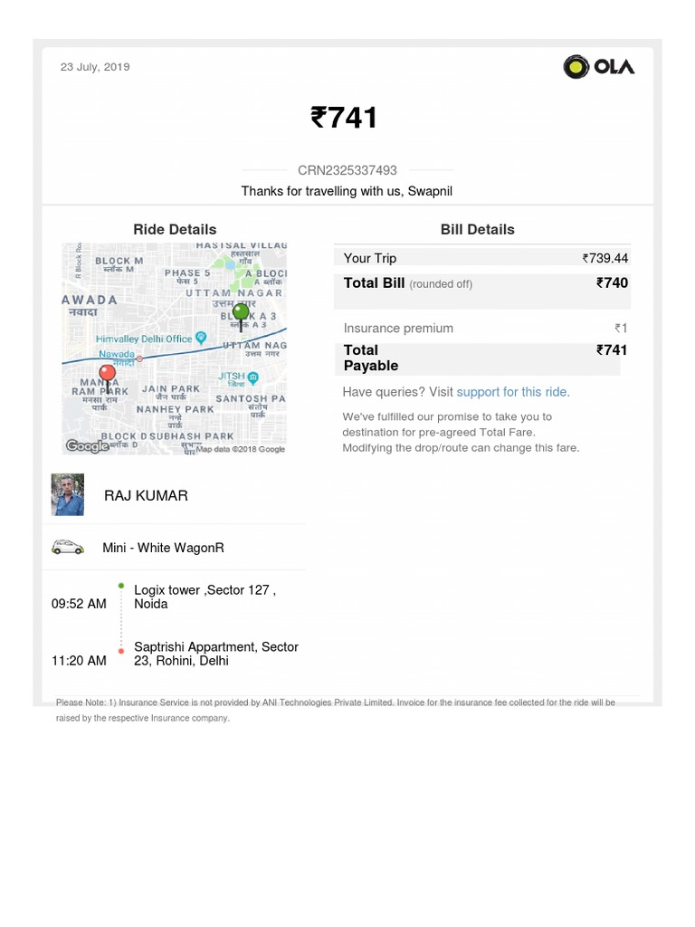 A receipt and invoice for a rideshare trip from Noida to Rohini, Delhi ...