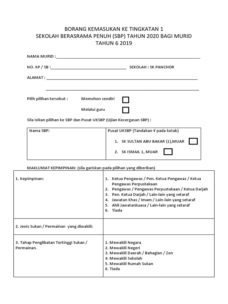 Borang Kemasukan Ke Tingkatan 1 SBP | PDF