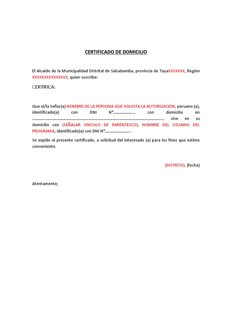 Certificado de domicilio para acreditar la residencia de una persona en ...