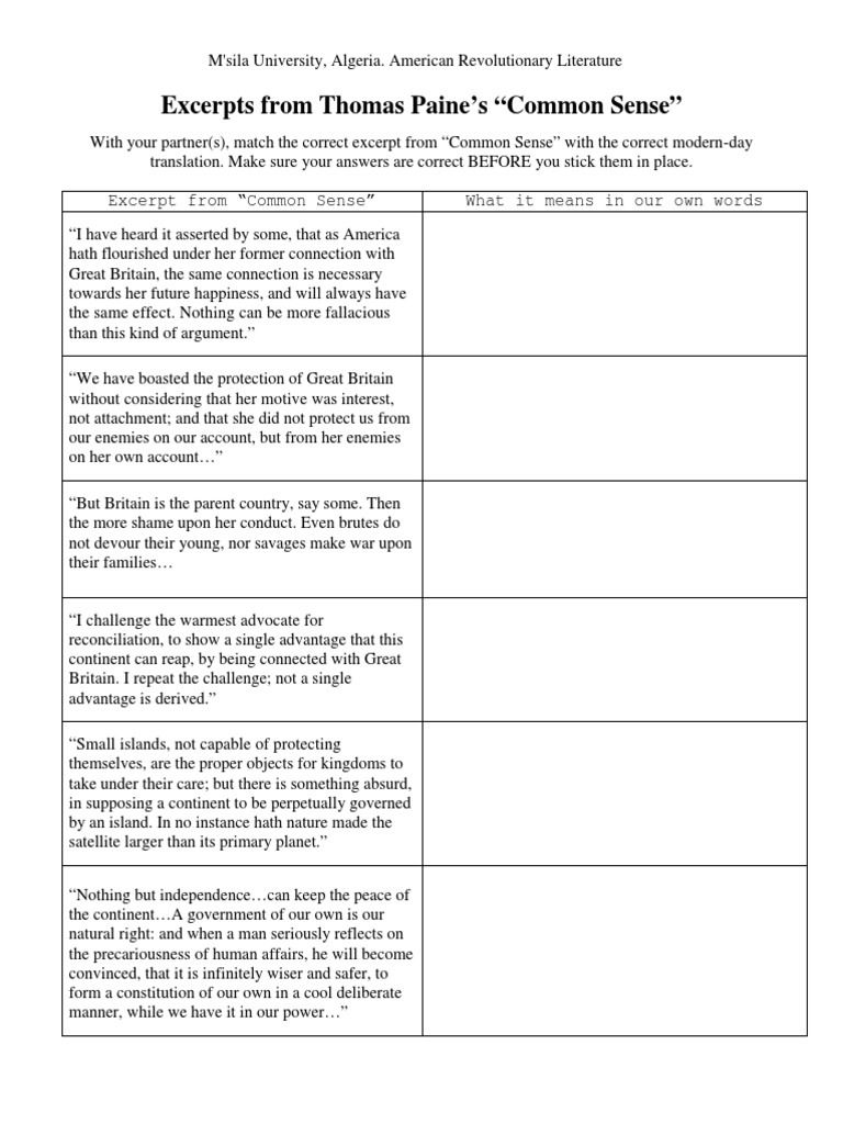 Excerpts From Thomas Paine's "Common Sense" | PDF | Philosophical Theories